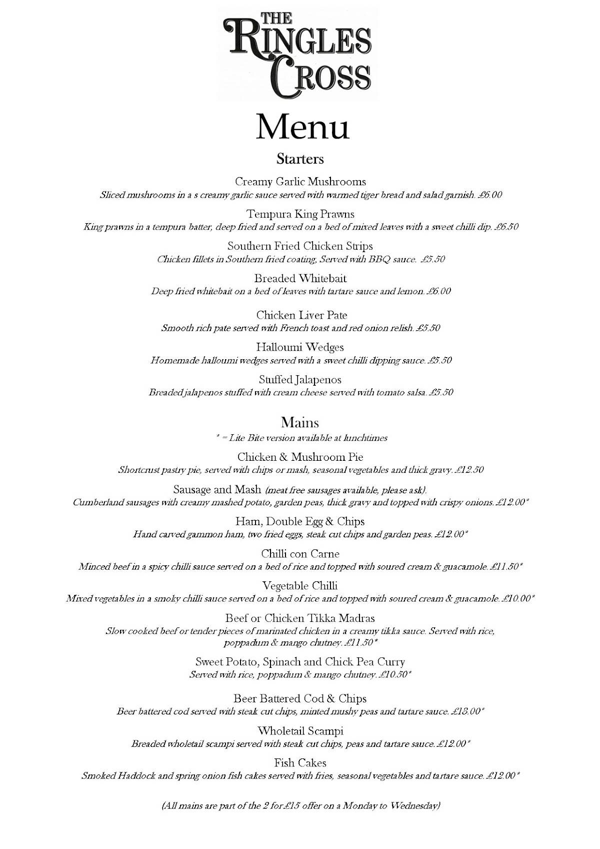 Menu at The Ringles Cross pub & bar, Uckfield