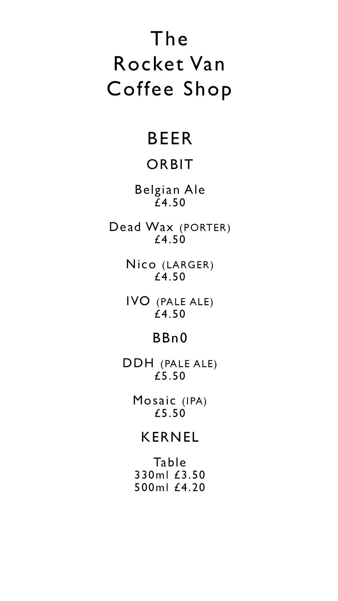 Menu at The Rocketvan Coffee Shop and The Box Shop Bar, London