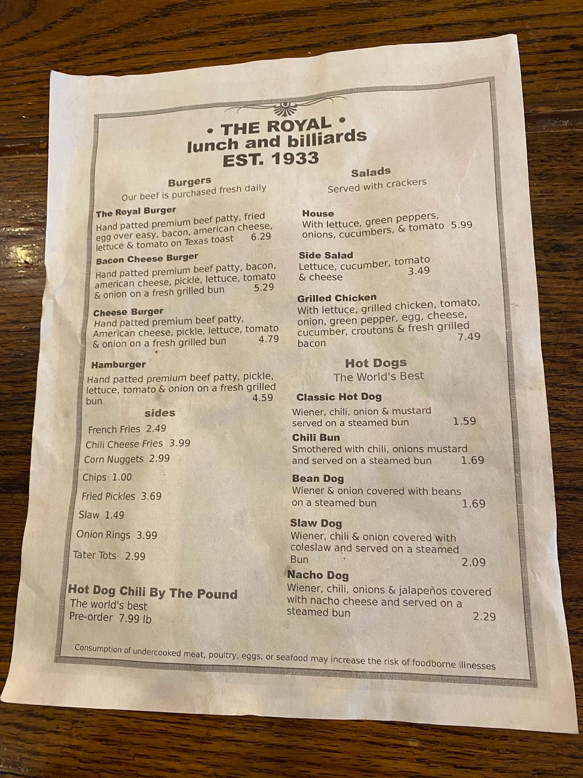 Menu at The Royal Lunch restaurant, LaFollette