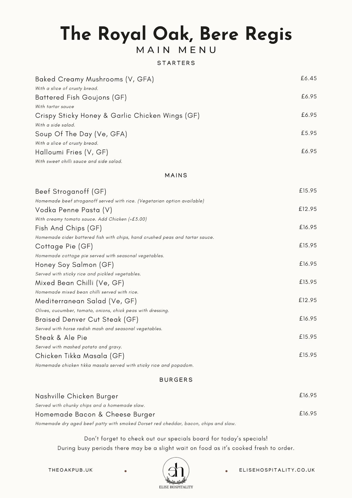 Menu at The Royal Oak pub & bar, Bere Regis