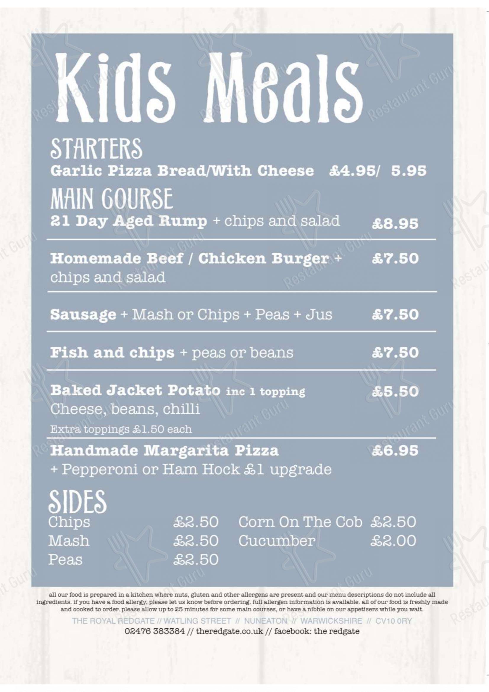 Menu at The Royal Redgate pub & bar, Nuneaton, Watling St