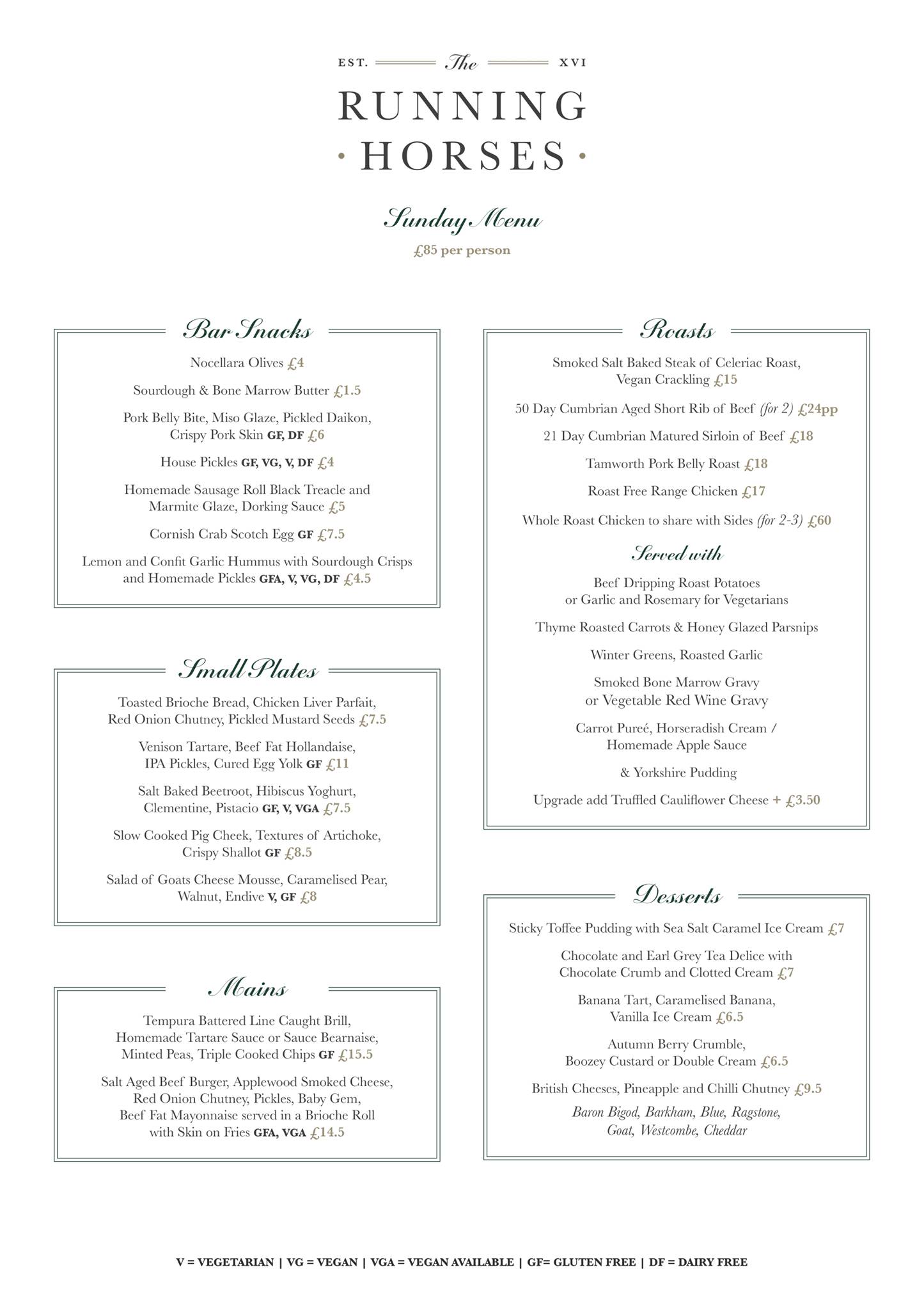 Menu at The Running Horses pub & bar, Dorking