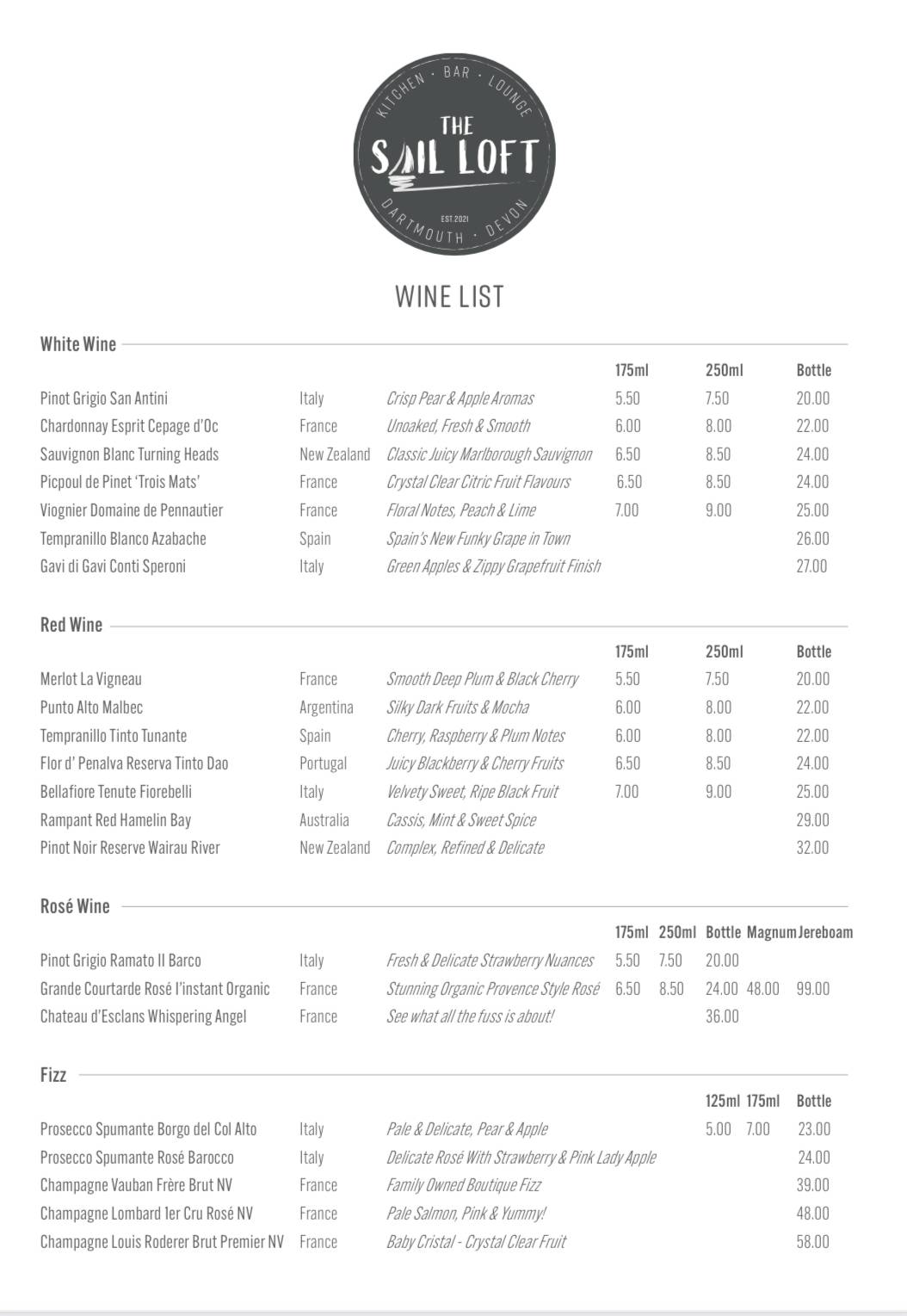 Menu at The Sail Loft Dartmouth pub & bar, Dartmouth