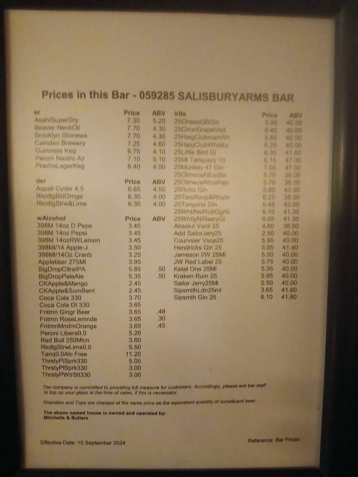 Carta del pub y bar The Salisbury Arms, Londres