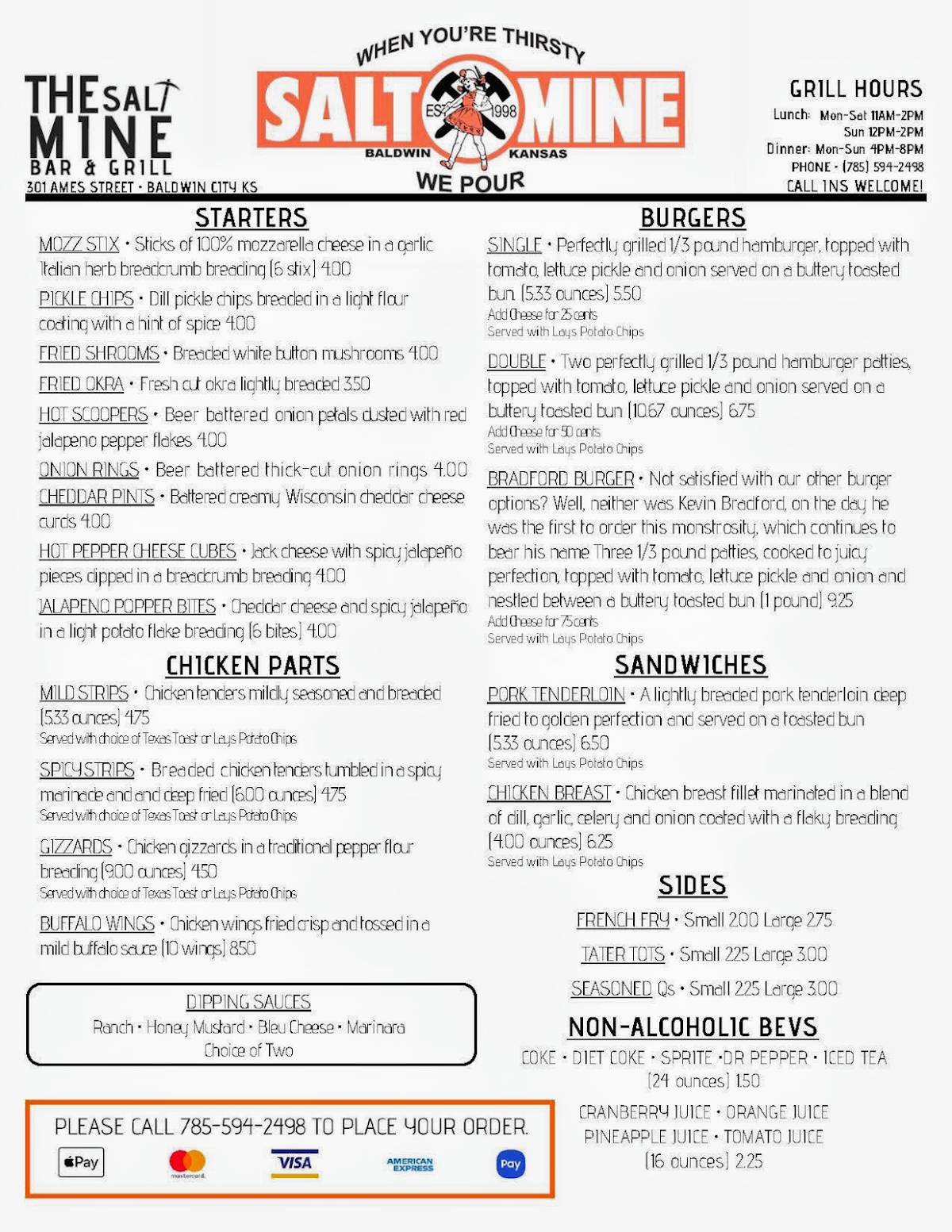 Menu at The Salt Mine restaurant, Baldwin City