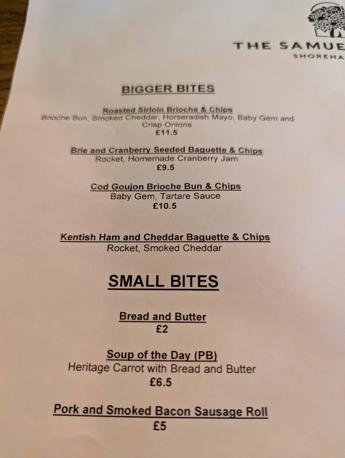Menu at The Samuel Palmer restaurant, Sevenoaks