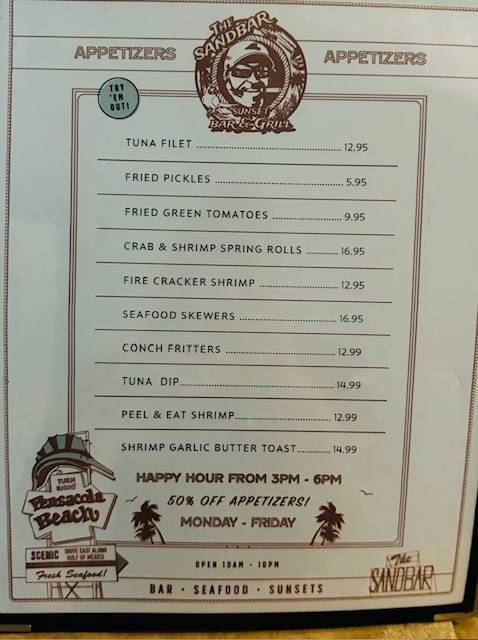 Menu at The Sandbar Sunset Bar & Grill, Gulf Breeze