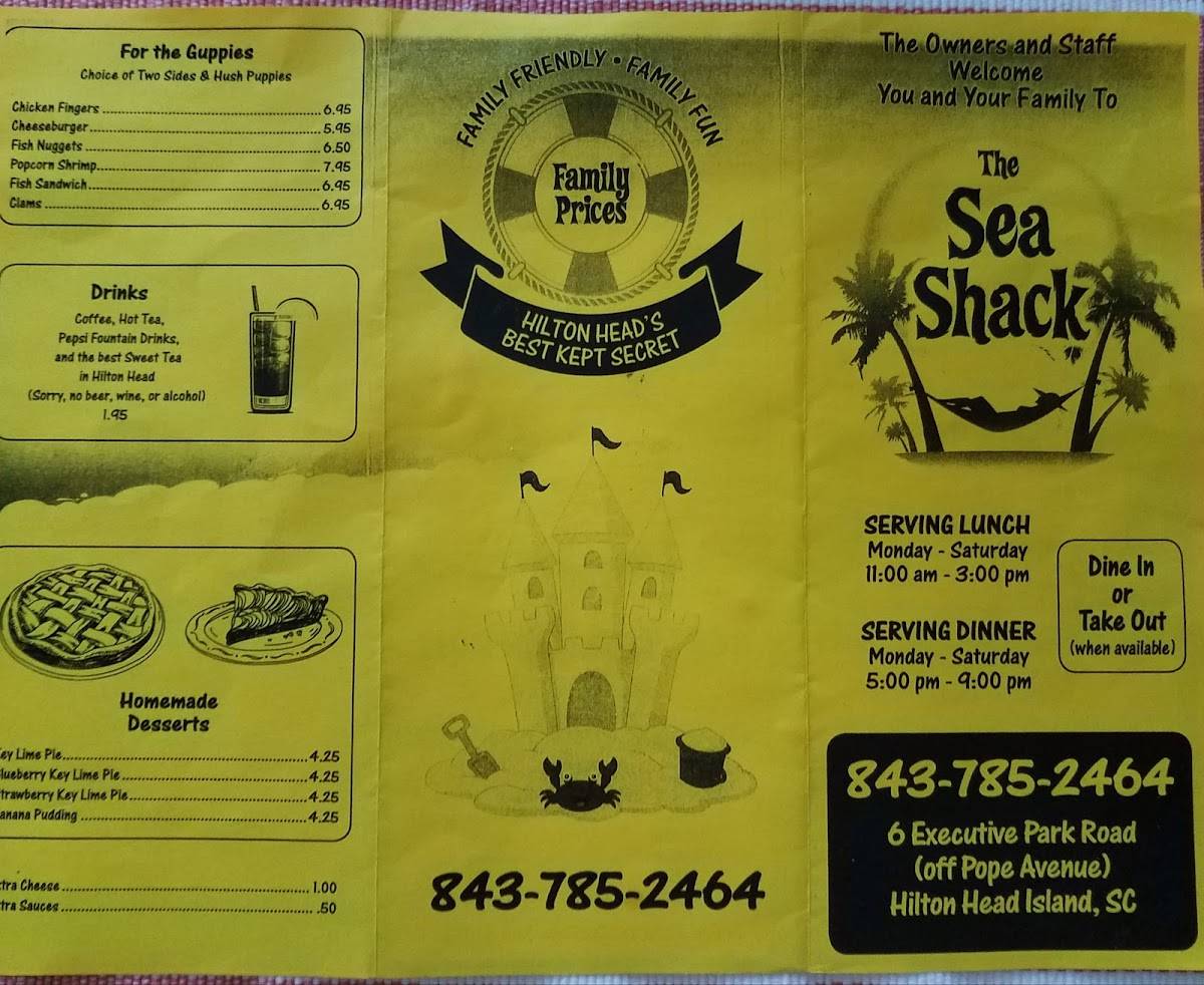 Menu at The Sea Shack restaurant, Hilton Head Island