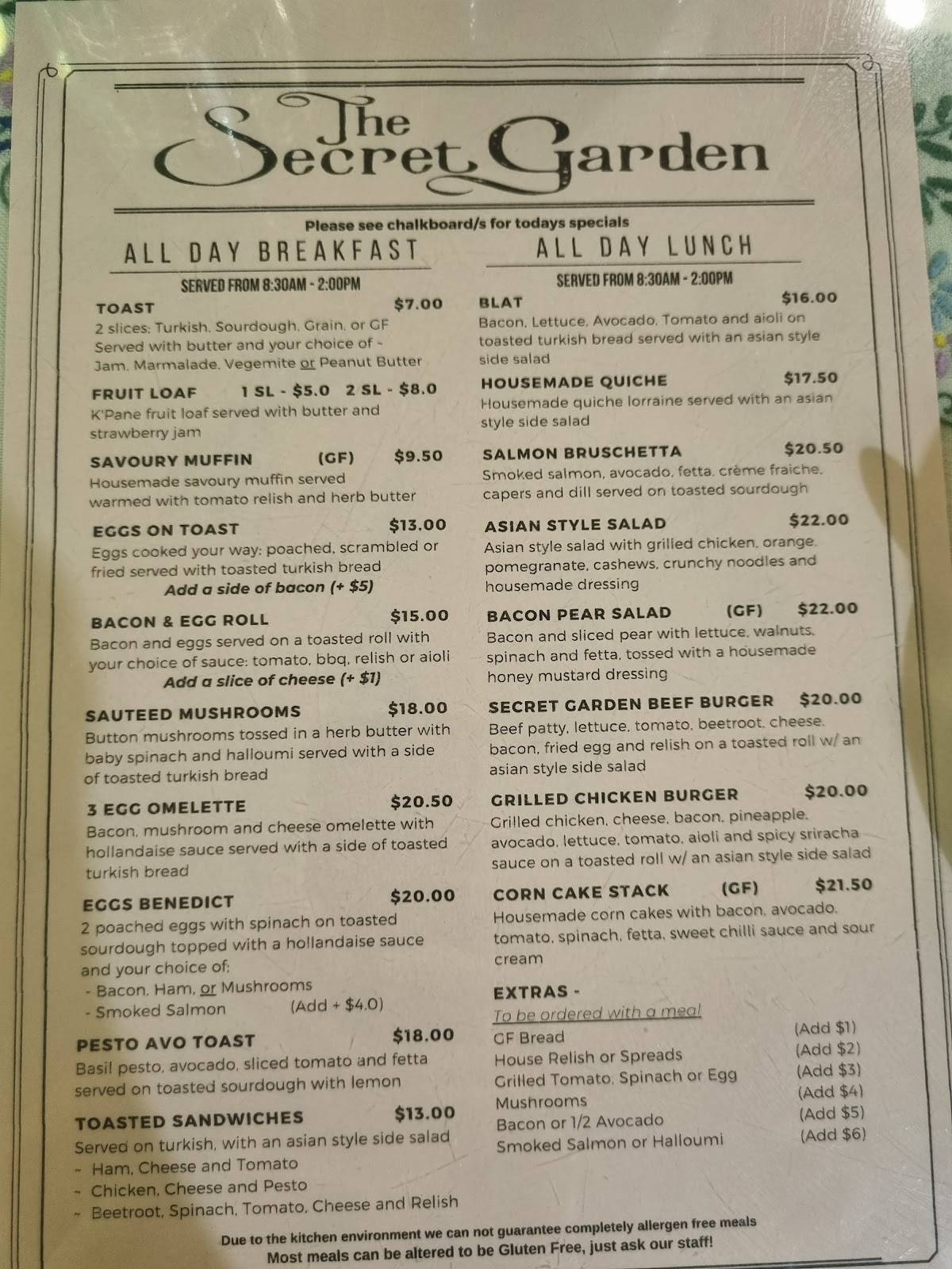 Menu at The Secret Garden Cafe, Boambee