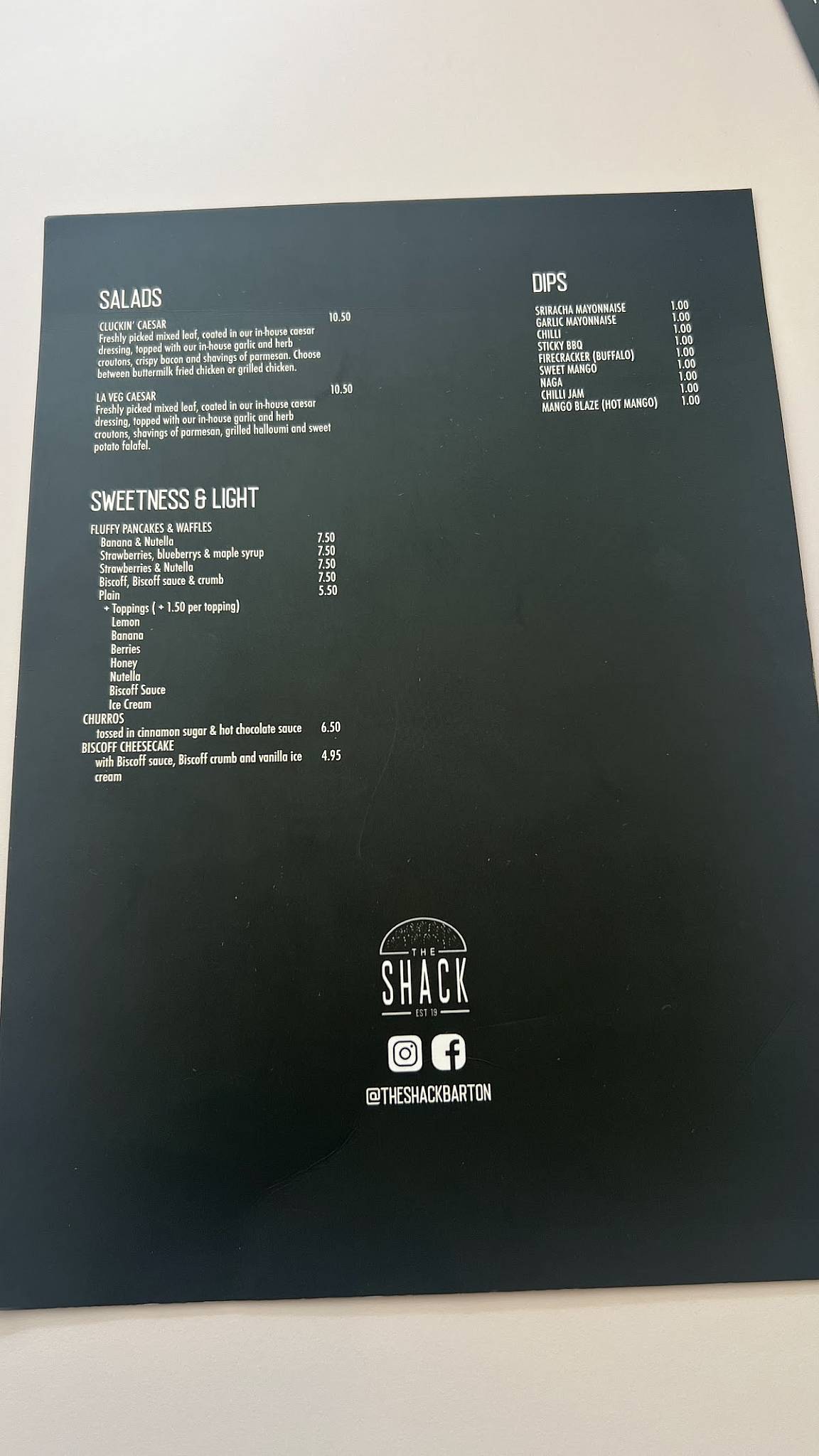 Menu at The Shack restaurant, Biggleswade