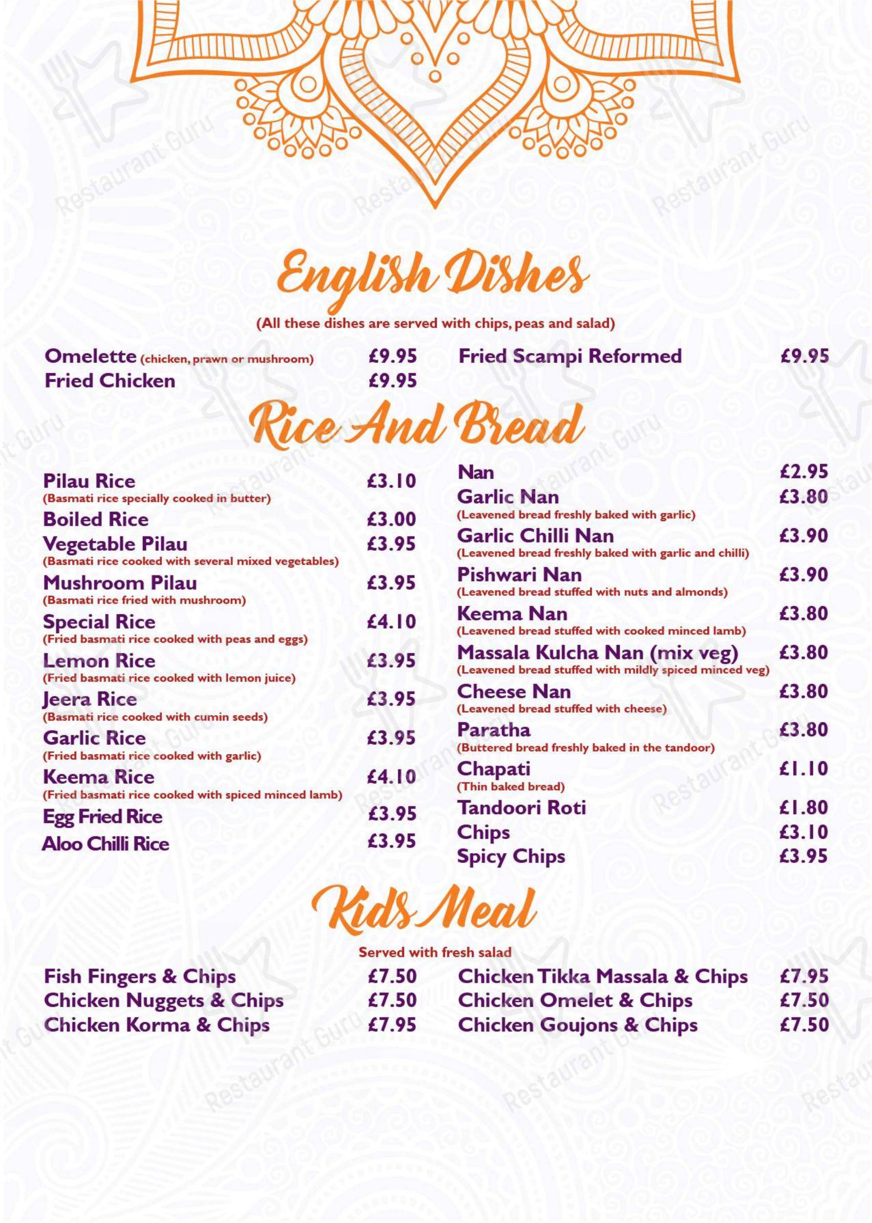 Menu at The Shalimar Restaurant, Macclesfield