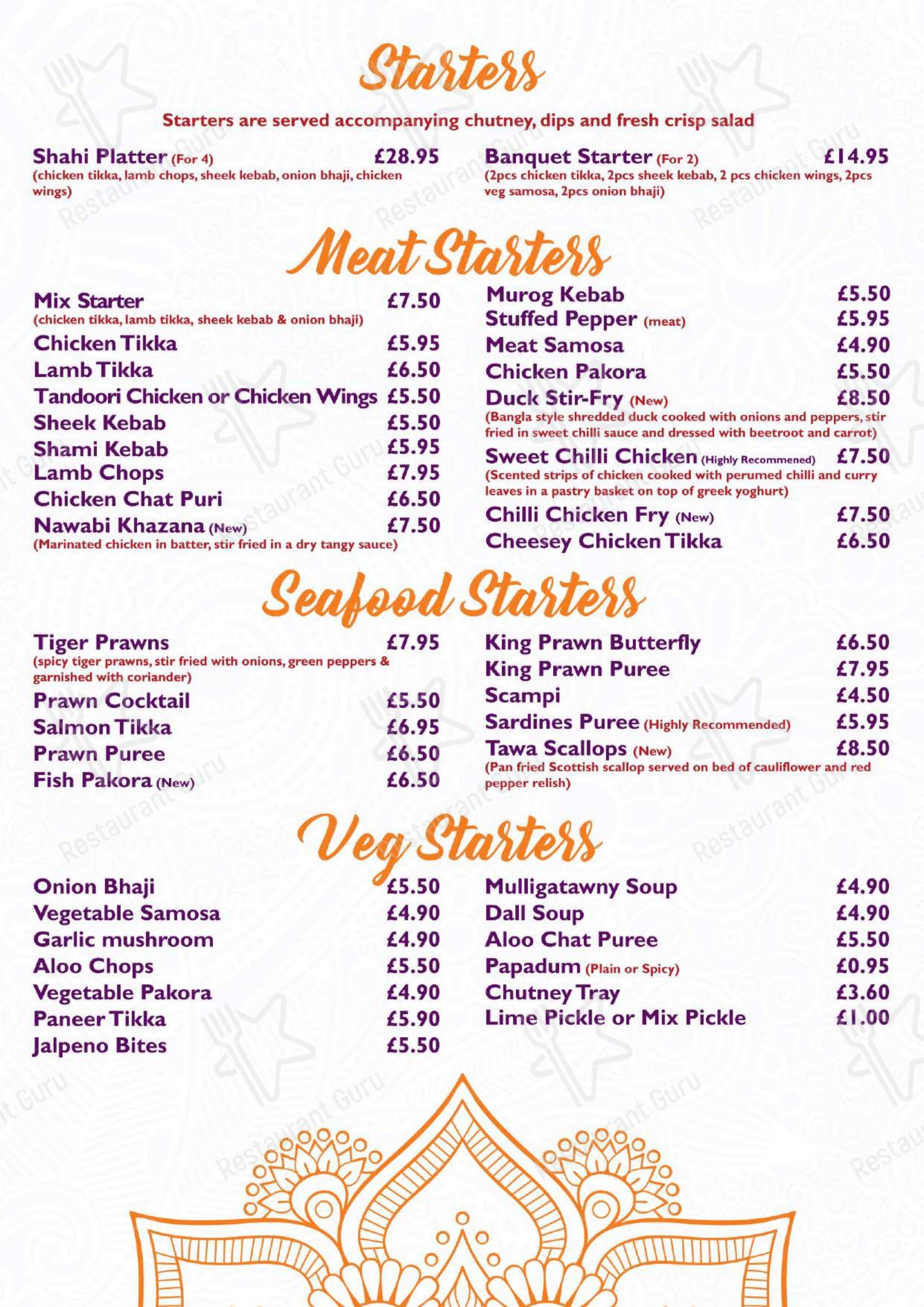 Menu at The Shalimar Restaurant, Macclesfield