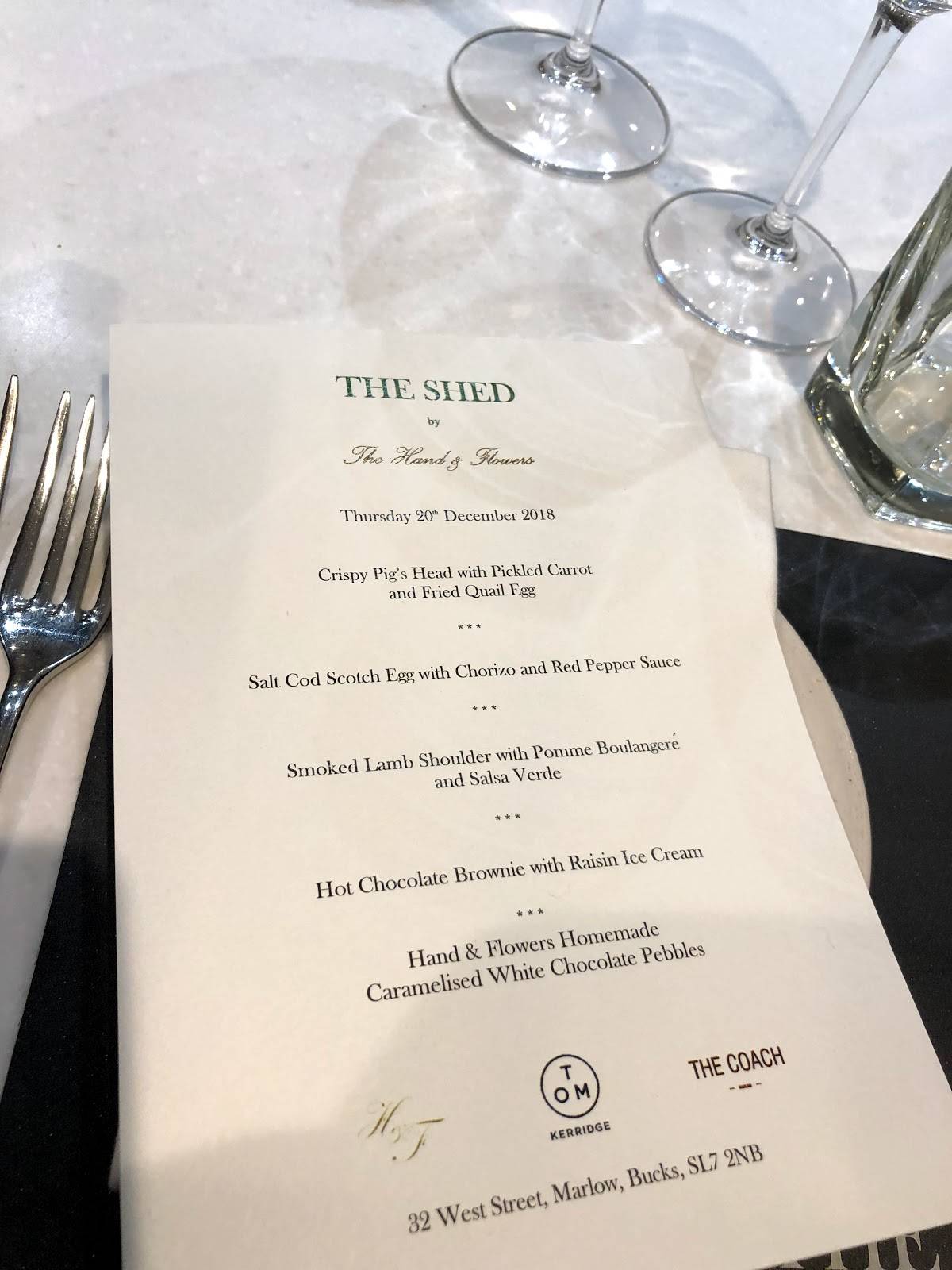 Menu at The Shed restaurant, Marlow