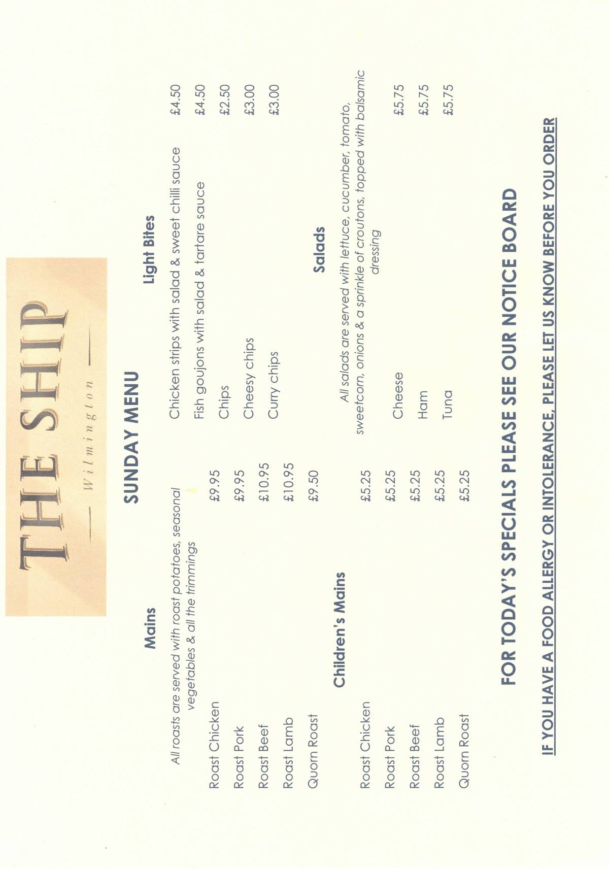 Menu at The Ship, Wilmington pub & bar, Dartford, Puddledock Ln
