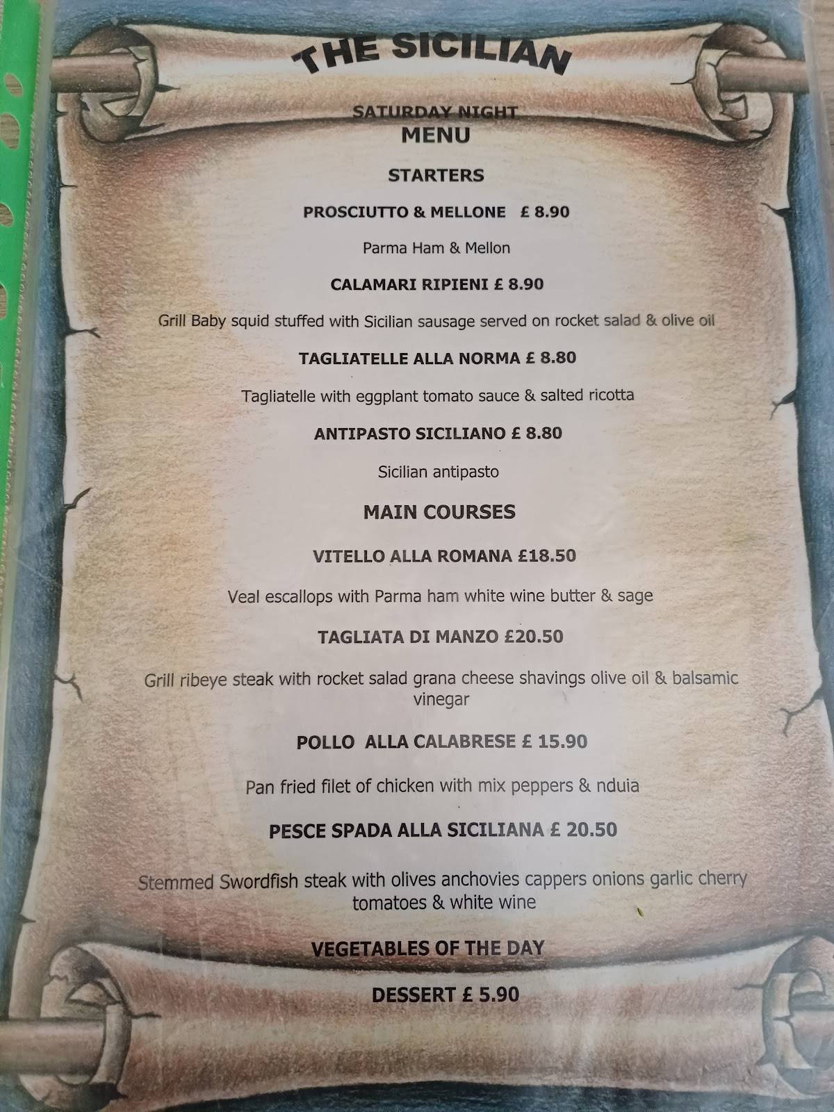 Menu at The Sicilian restaurant, Deal