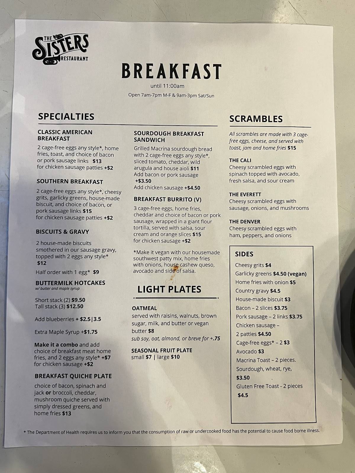 Menu at The Sisters Restaurant, Everett
