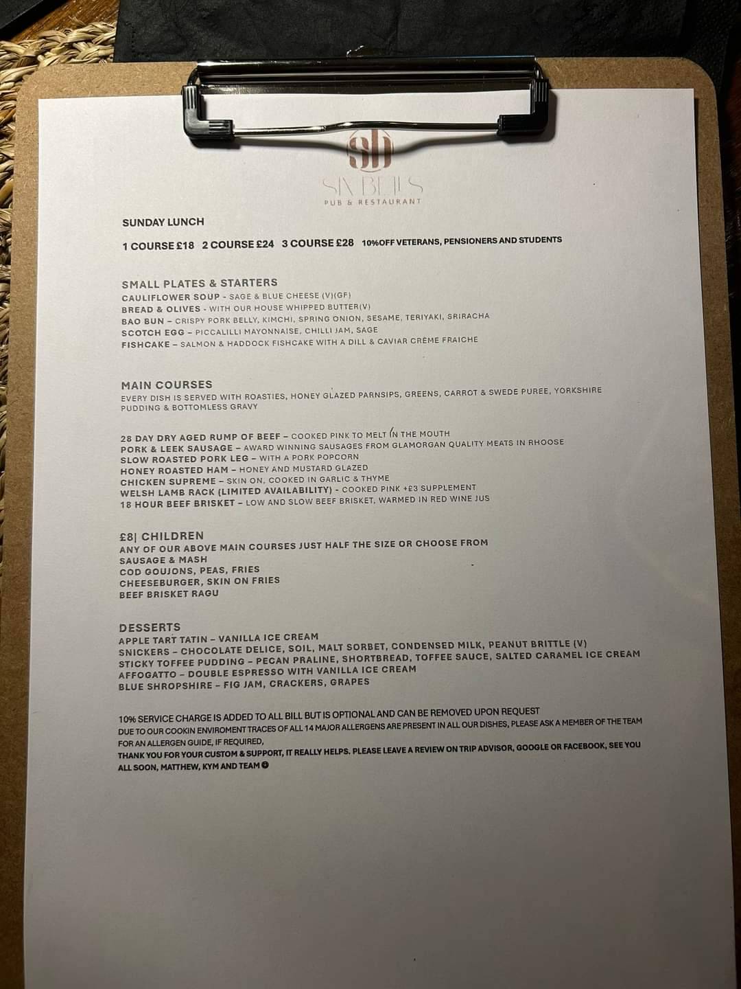 Menu at The Six Bells pub & bar, Barry