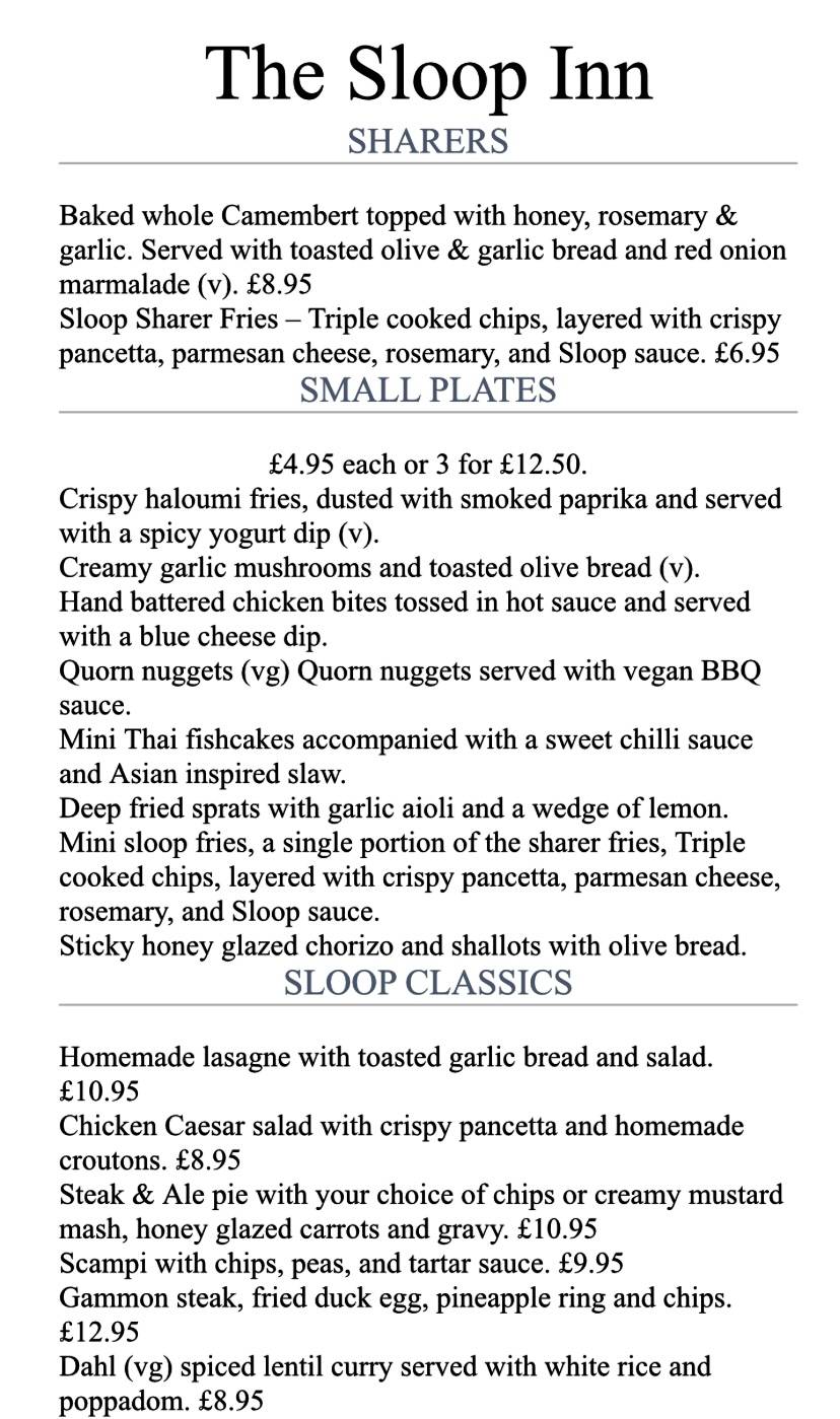 Menu at The Sloop Inn pub & bar, Hirst Courtney, The Sloop Inn