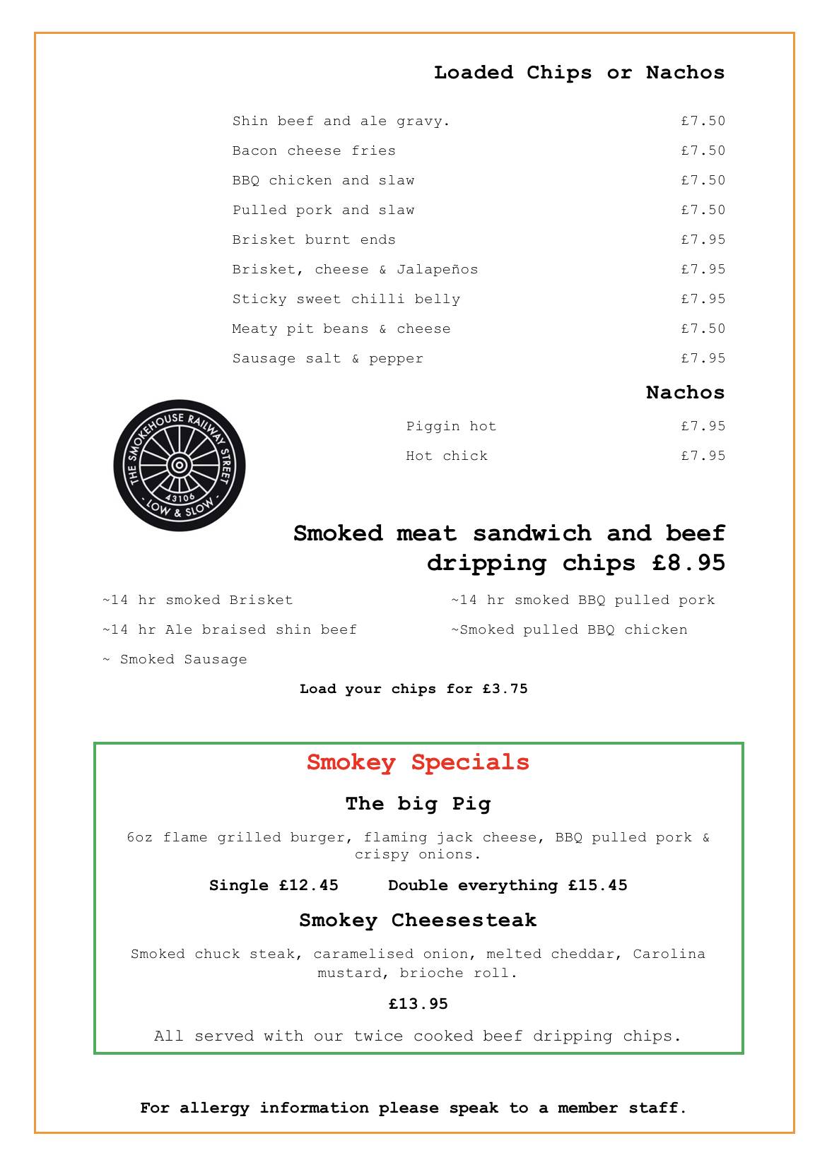 Menu at The Smokehouse restaurant, Bishop Auckland