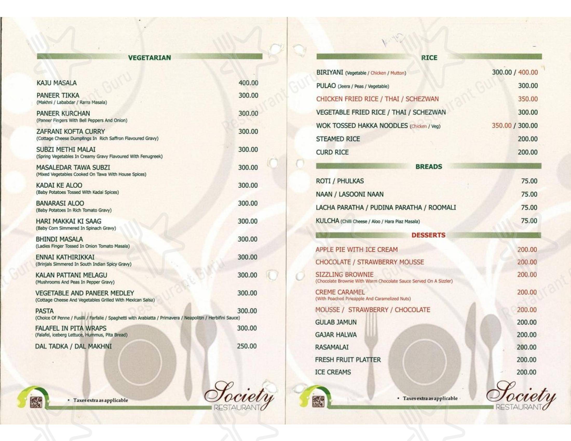Menu at The Society Restaurant, Chennai