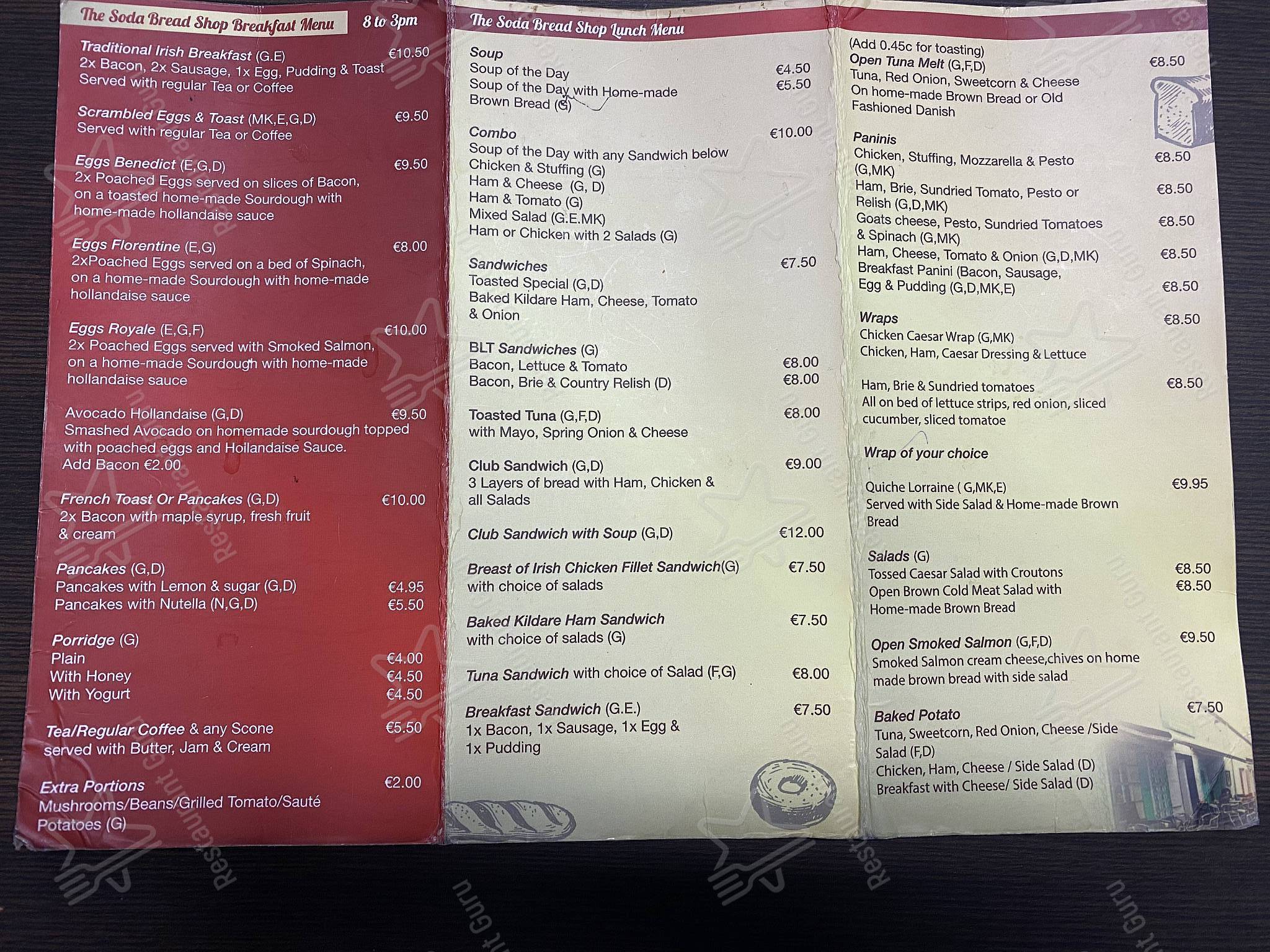 Menu at The Soda Bread Shop and Tea Rooms cafeteria, Naas