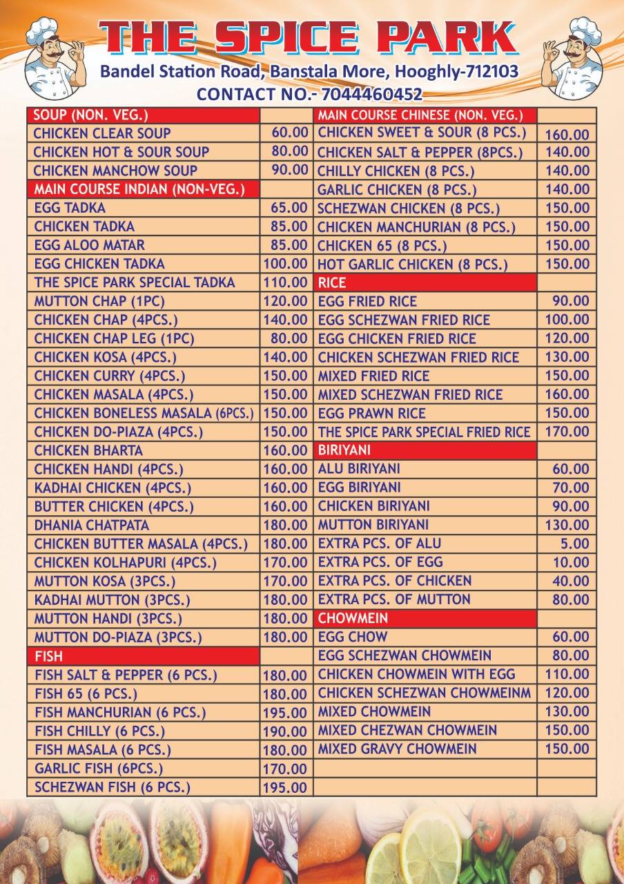 Menu at The Spice Park, Bandel