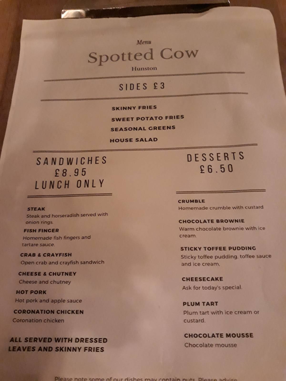 Menu at The Spotted Cow pub & bar, Chichester