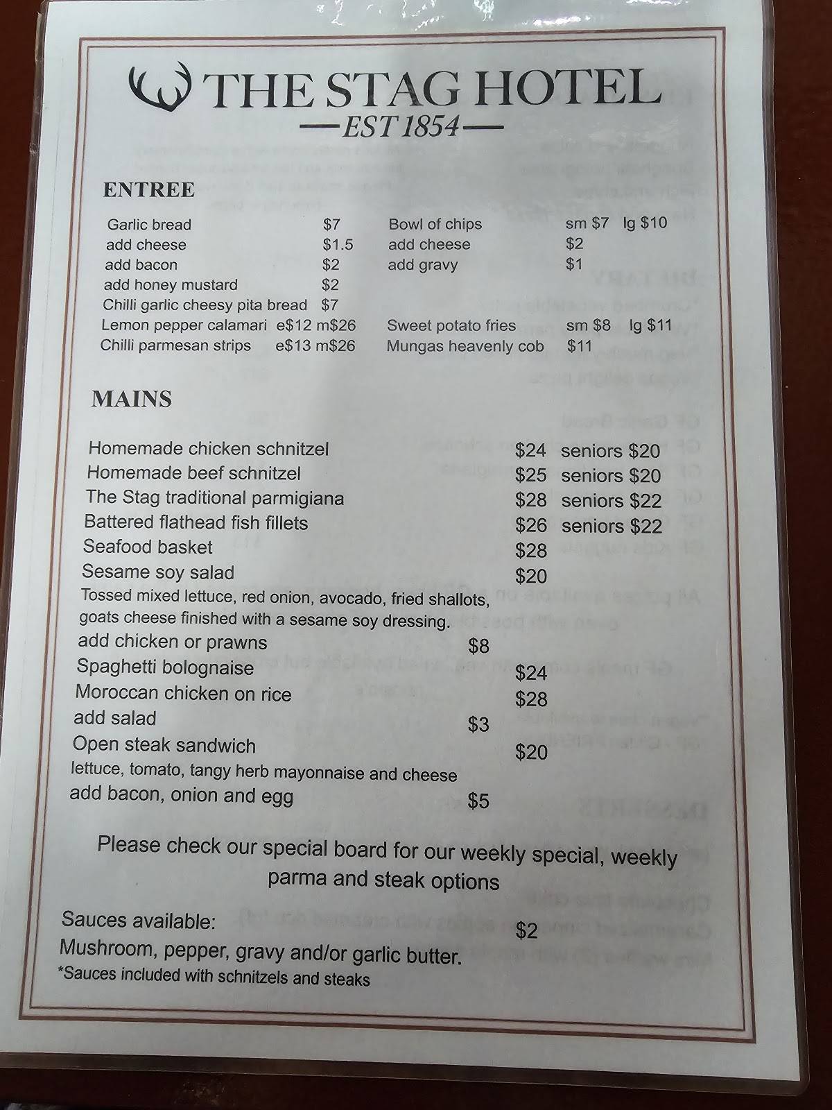 Menu at The Stag Hotel Learmonth pub & bar, Learmonth