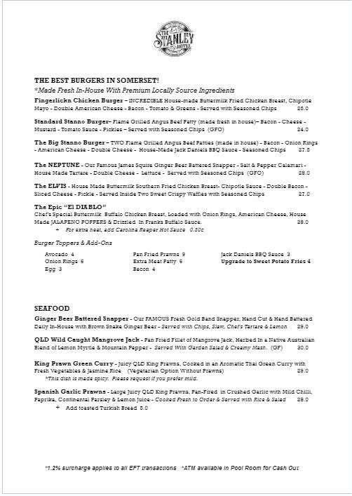 Menu at The Stanley Hotel Kilcoy pub & bar, Kilcoy