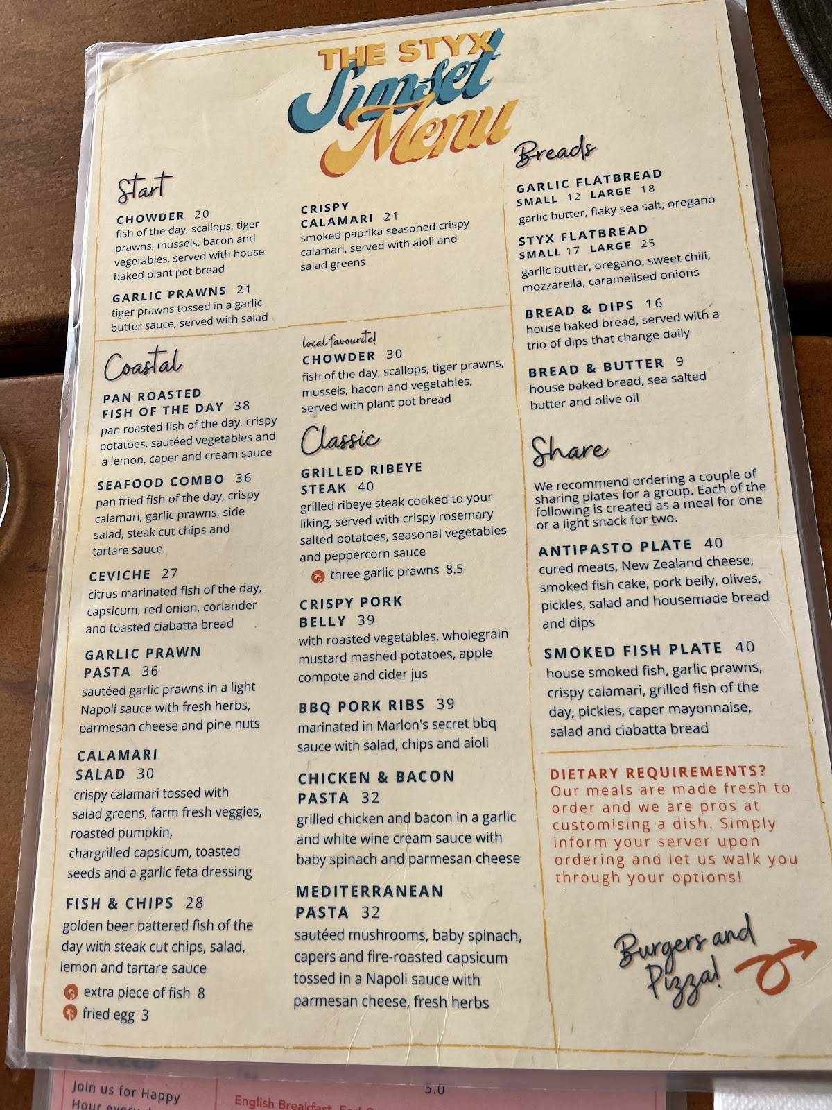 Menu at The Styx restaurant, Nelson