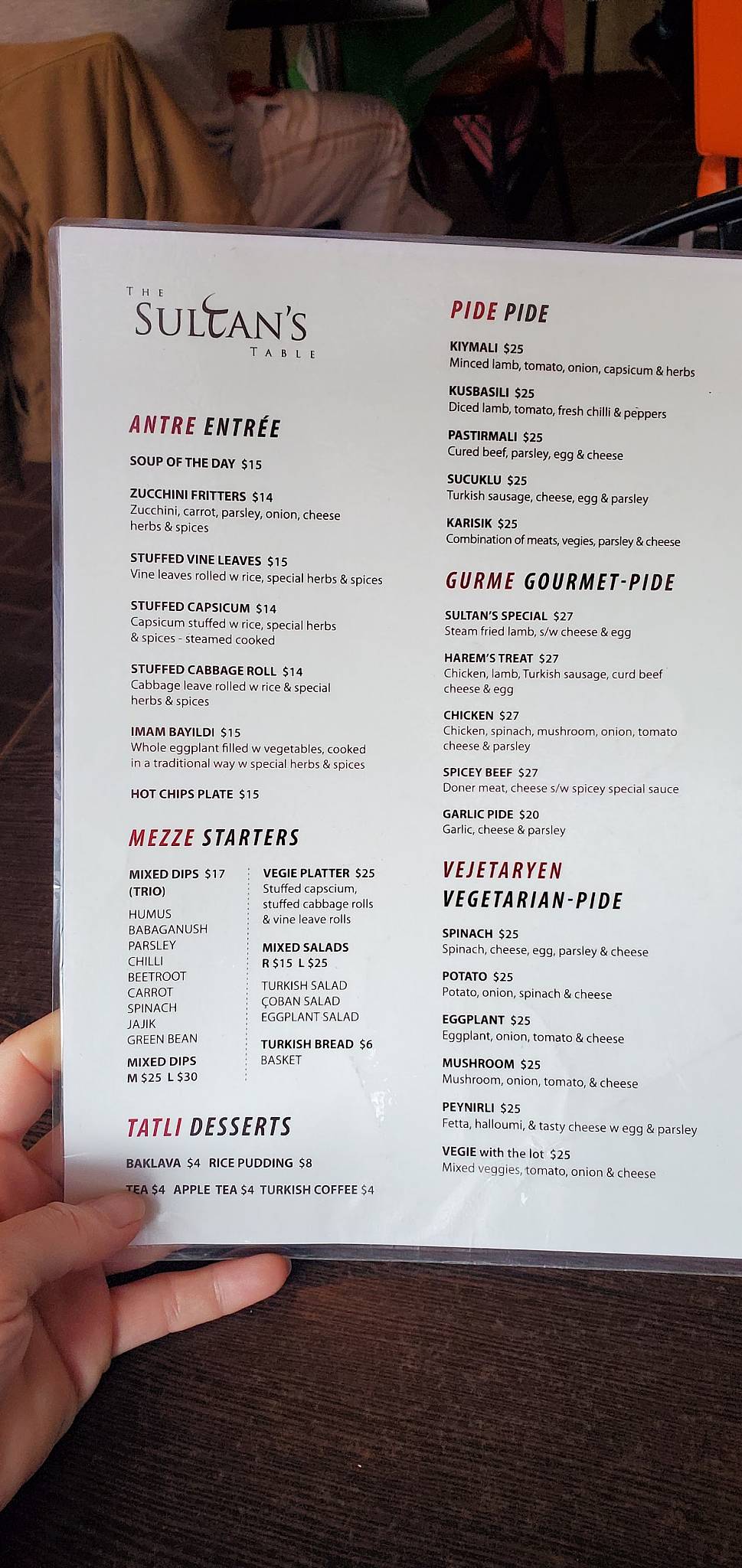 Menu at The Sultan's Table restaurant, Enmore