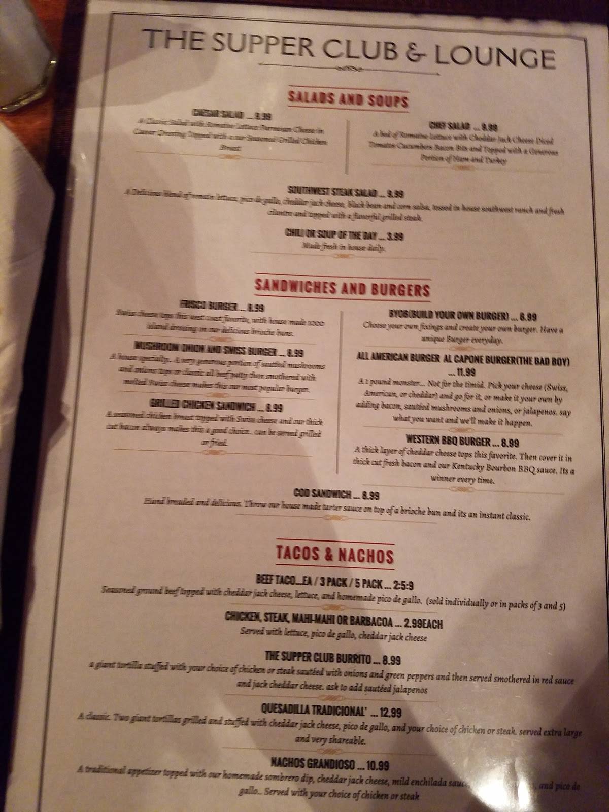 Menu at The Supper Club and Lounge, Fort Wayne