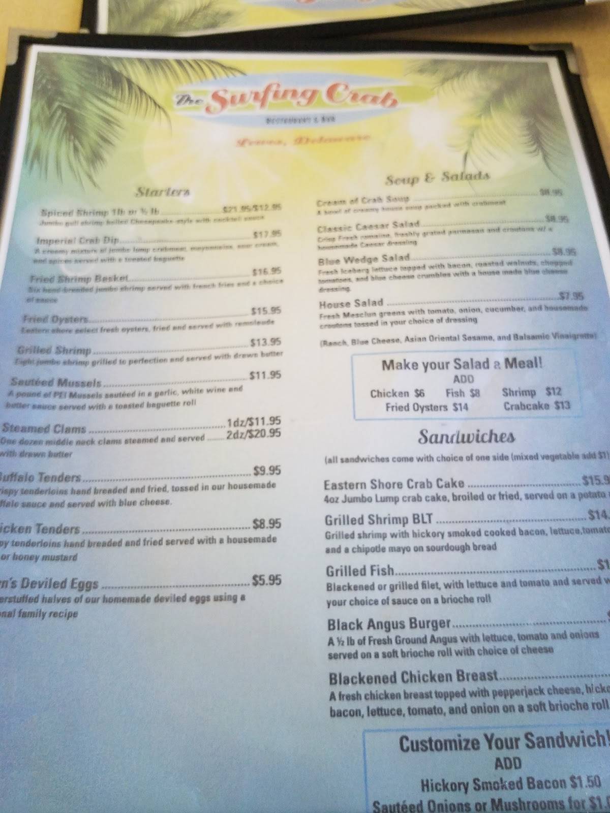 Menu at The Surfing Crab Restaurant and Bar, Lewes, Coastal Hwy