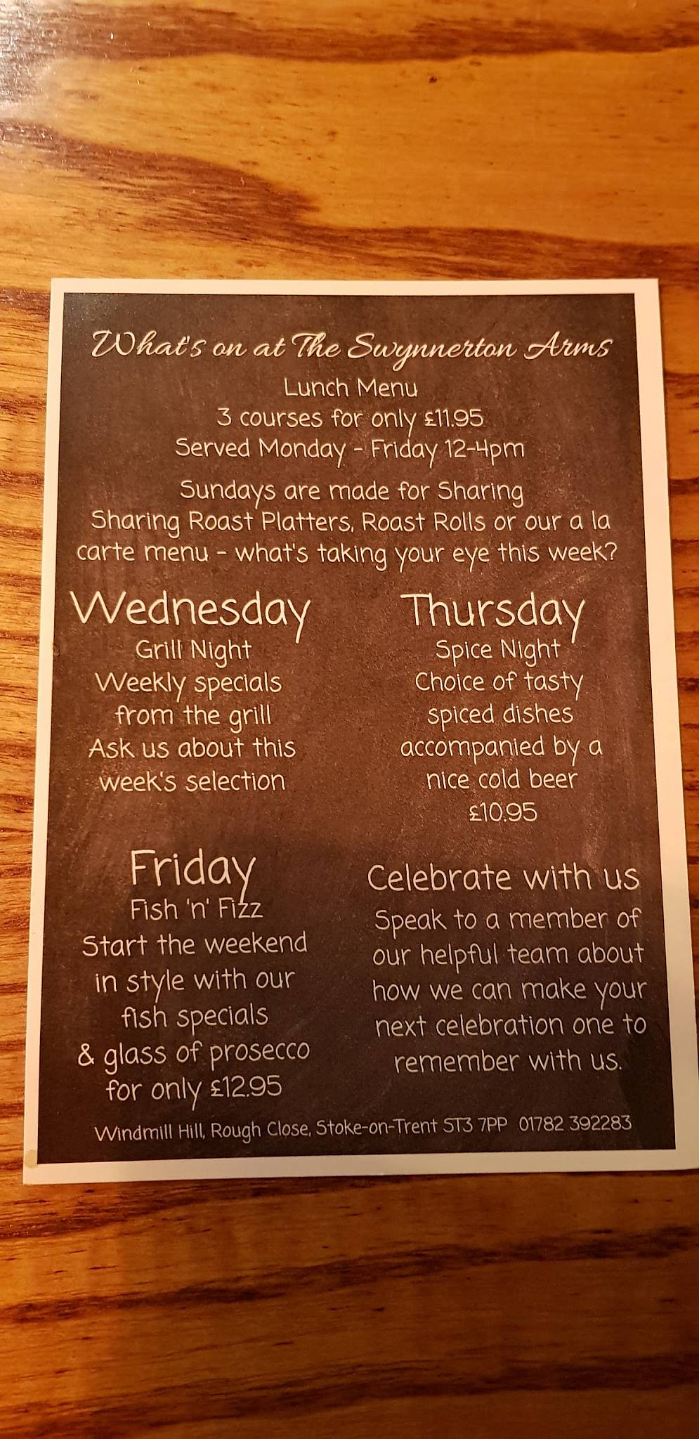 Menu at The Swynnerton Arms pub & bar, Stoke-on-Trent