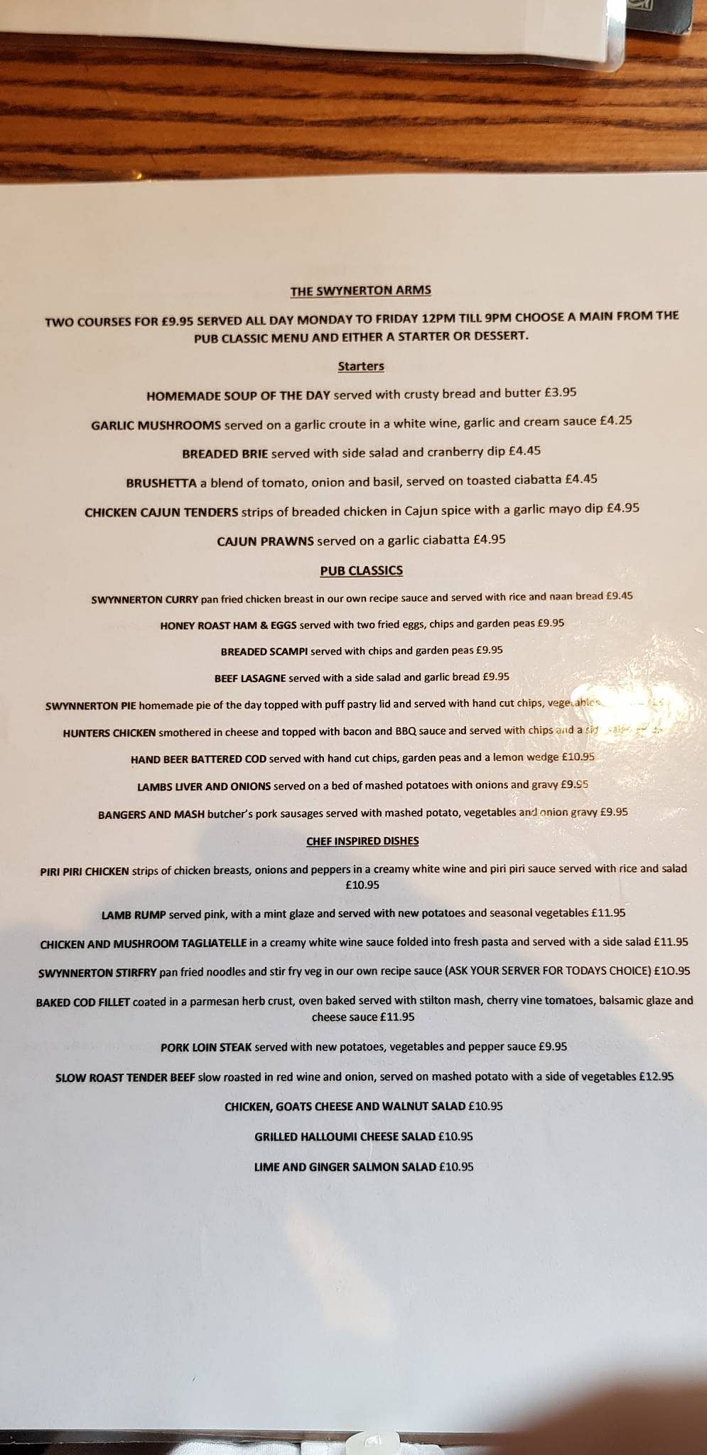 Menu at The Swynnerton Arms pub & bar, Stoke-on-Trent