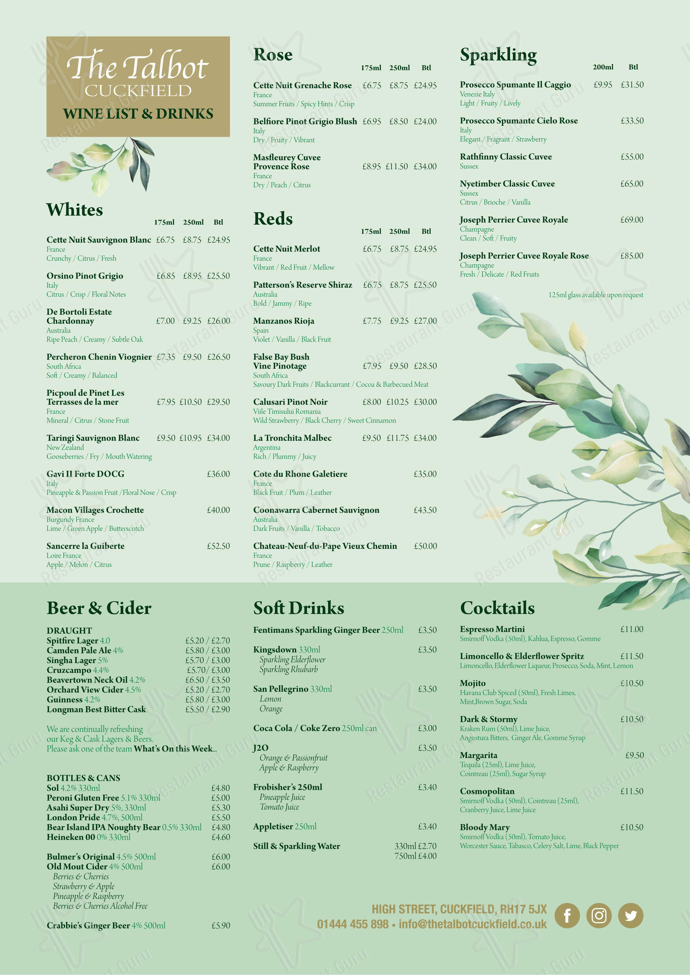 Menu at The Talbot pub & bar, Haywards Heath