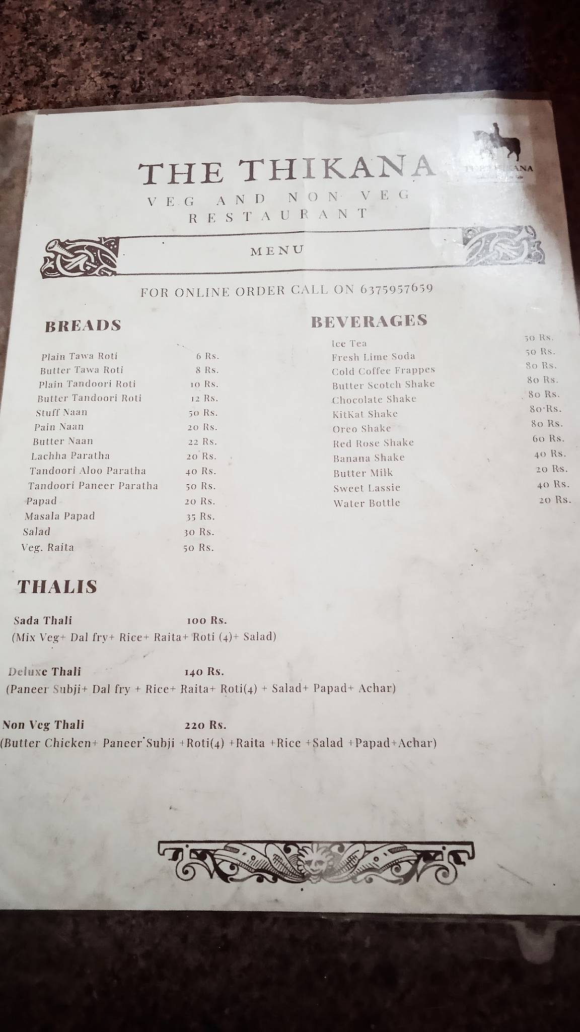Menu at The Thikana Restaurant, Jaipur