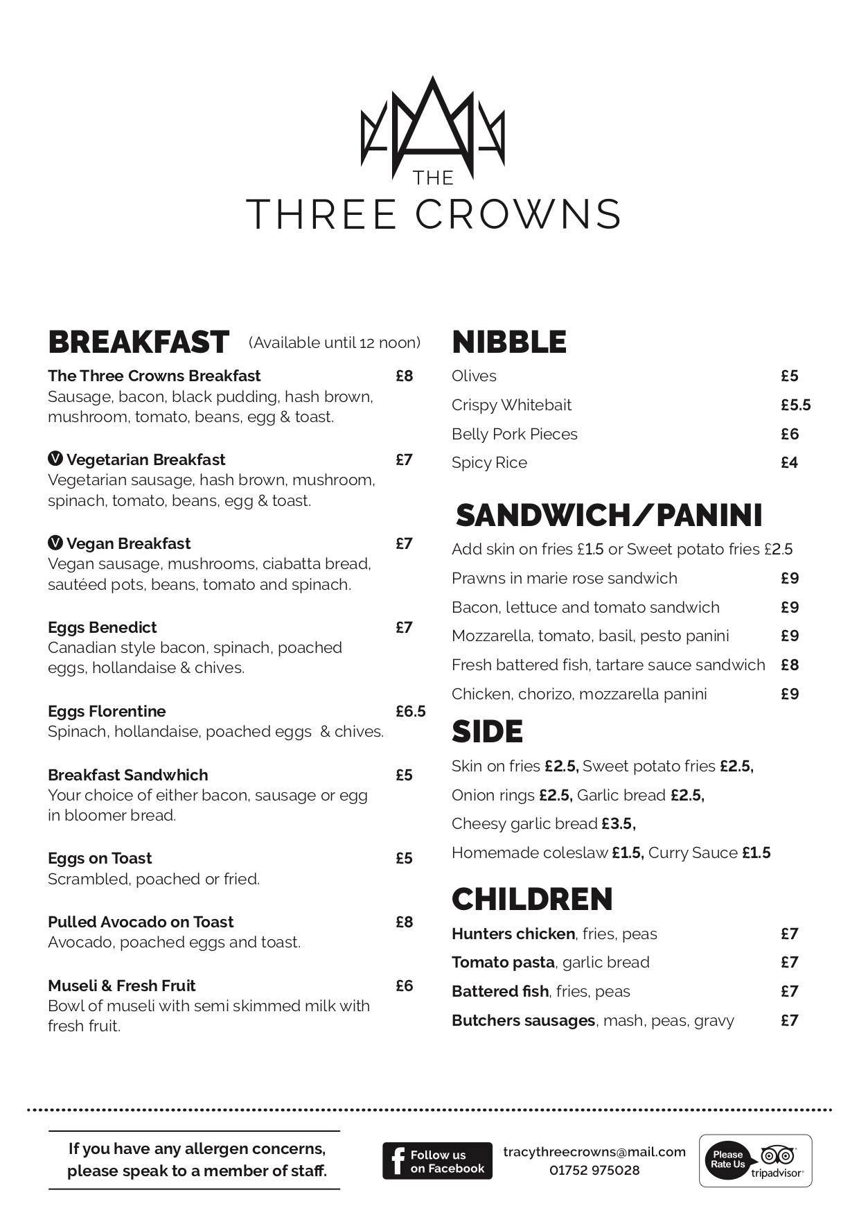 Menu at The Three Crowns pub & bar, Plymouth