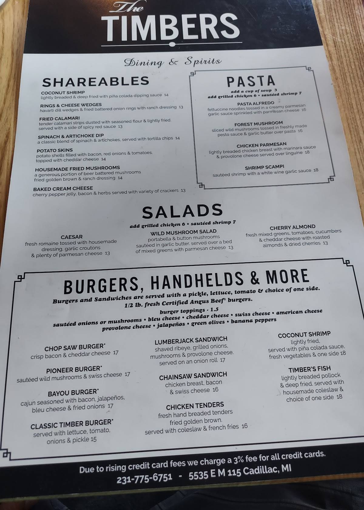 Menu at The Timbers Restaurant, Cadillac
