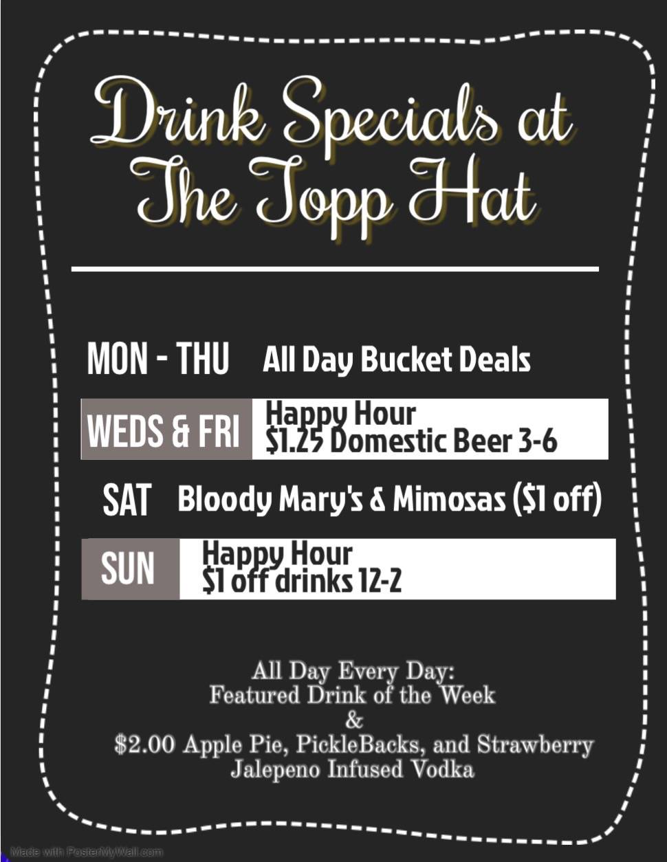 Menu at The Topp Hat pub & bar, Girard