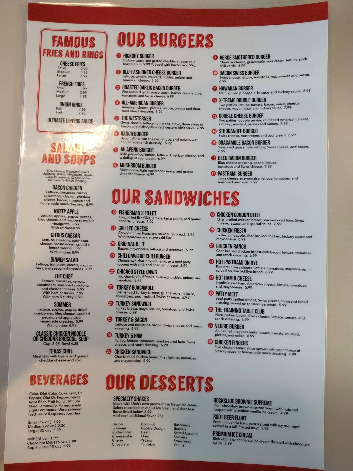 Menu at The Training Table Sandy restaurant, Sandy