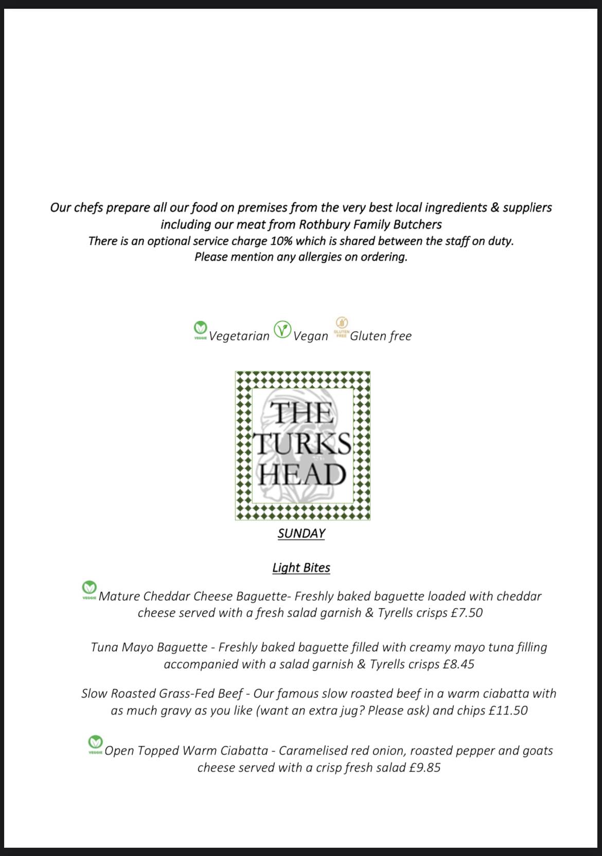 Menu at The Turks Head pub & bar, Rothbury