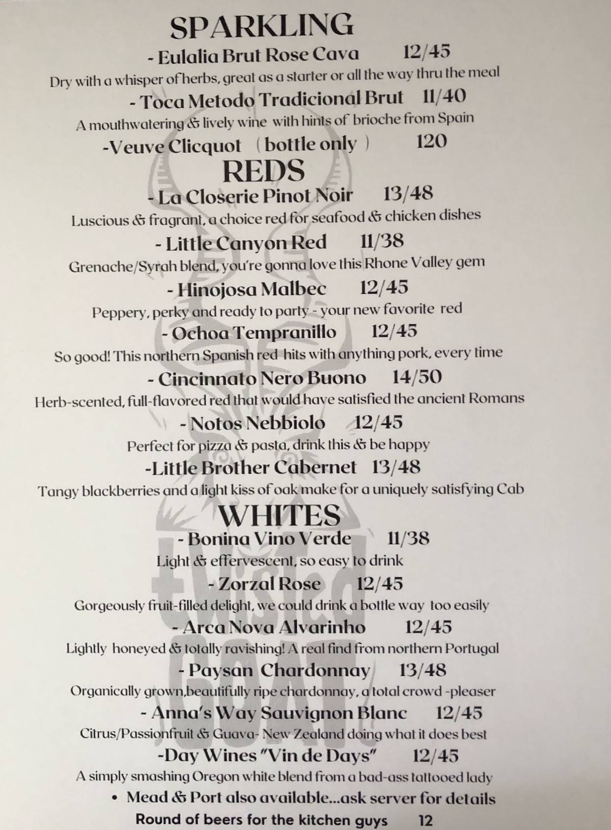 Menu at The Twisted Goat pizzeria, Homer