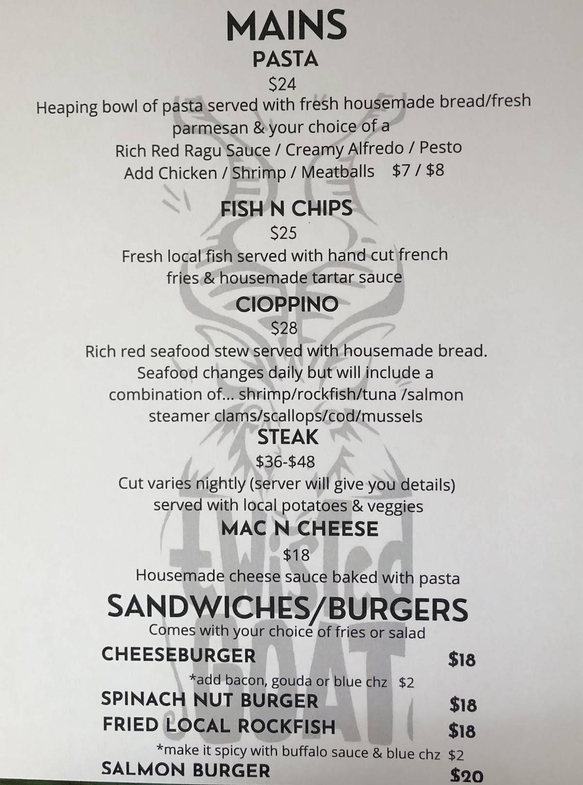 Menu at The Twisted Goat pizzeria, Homer