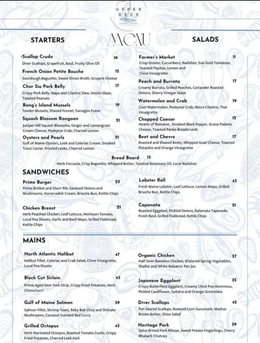 Menu at The Upper Deck pub & bar, Willsboro