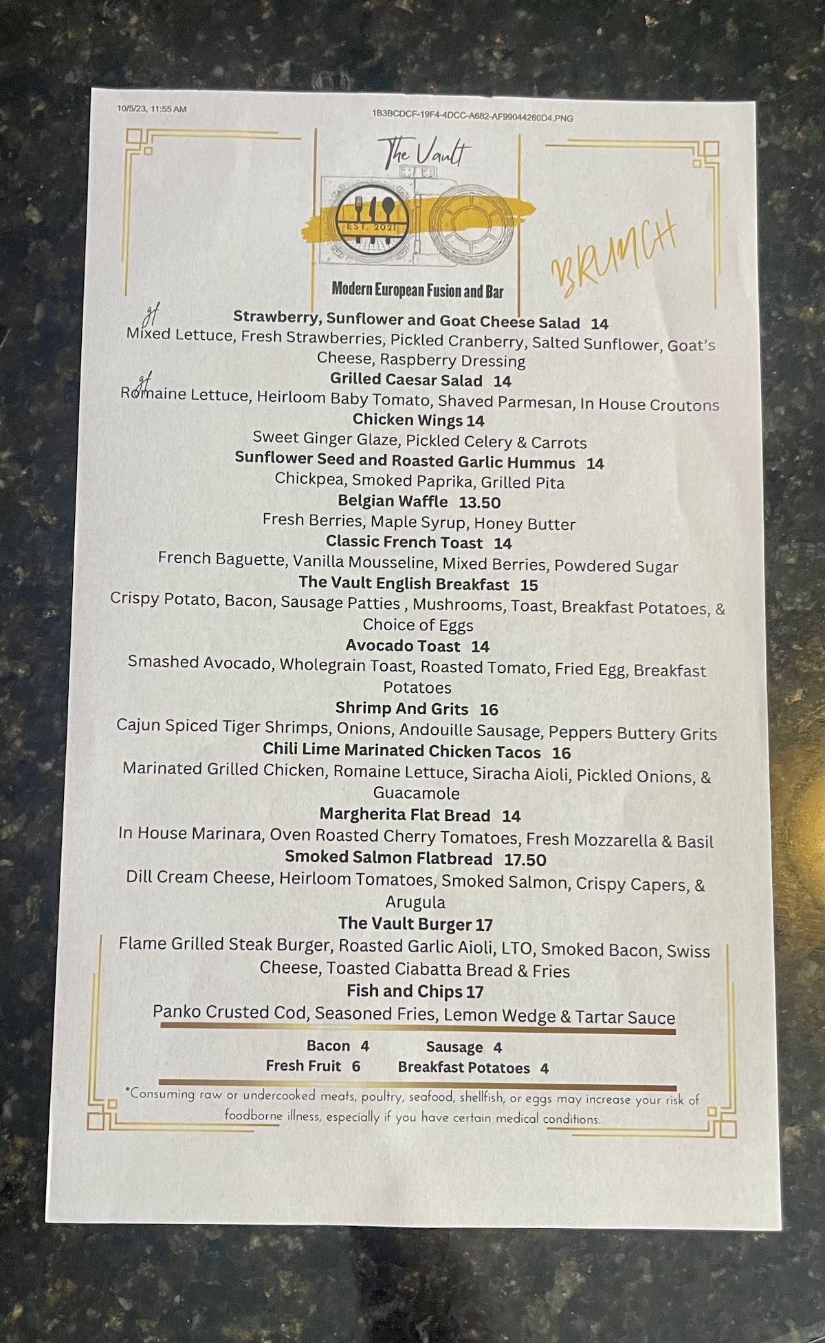 Menu at The Vault of Sebring restaurant, Sebring