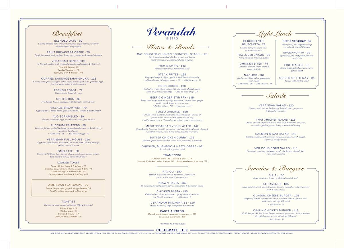 Menu at The Verandah restaurant, Krugersdorp