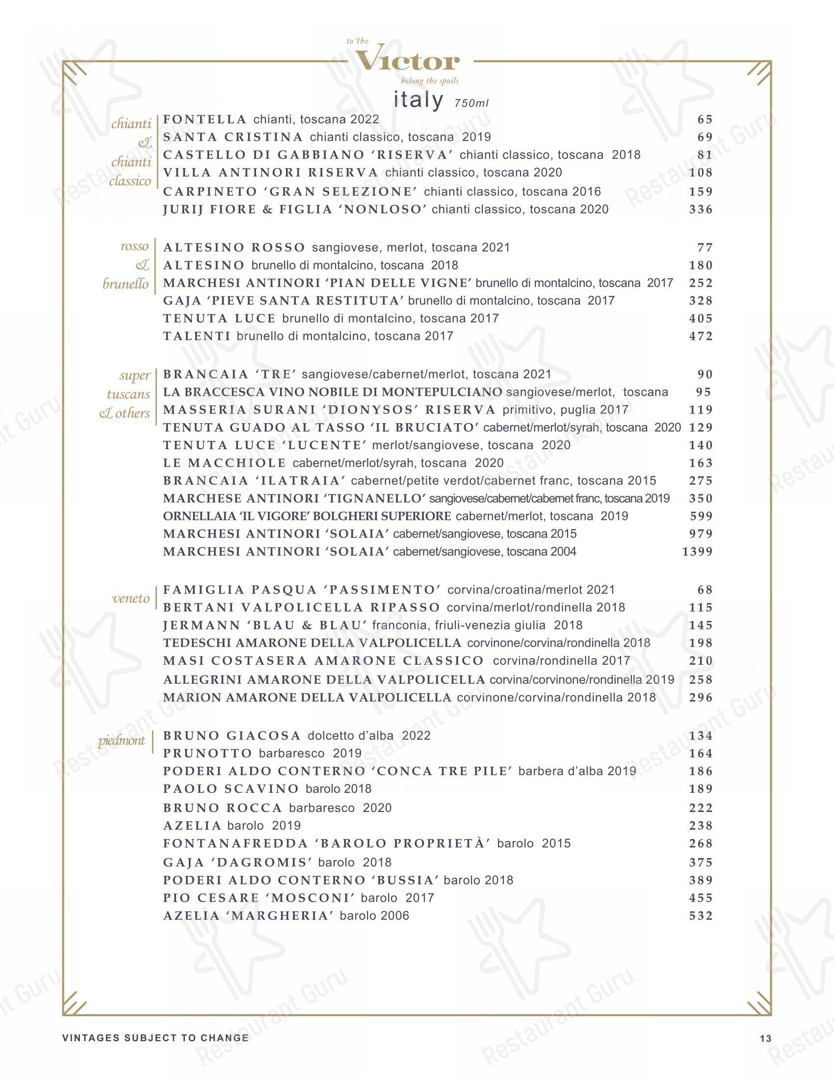 Menu at The Victor steakhouse, Vancouver
