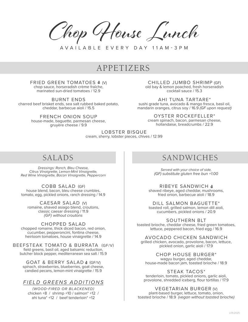 Menu at Chop House at Lake Sumter steakhouse, The Villages