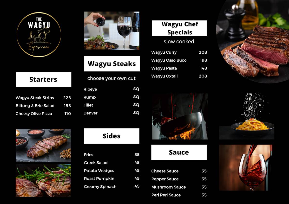 Menu at The Wagyu Experience restaurant, Cape Town